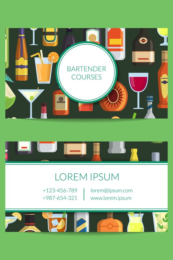 Vector business card template for bar with alcoholic drinks