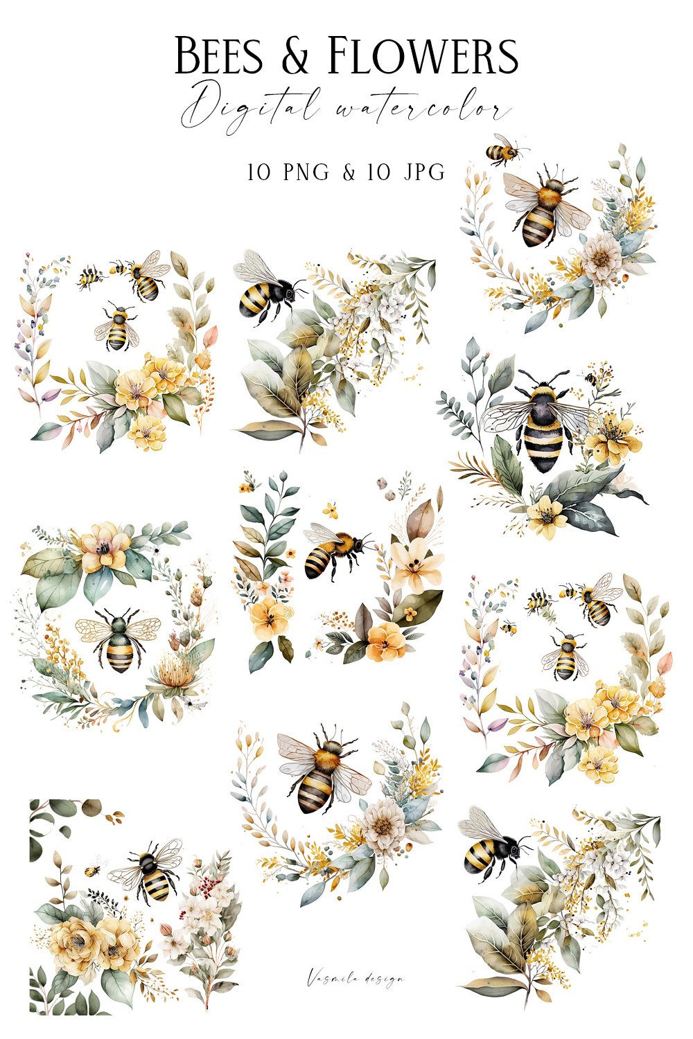 Watercolor Bee Floral Clipart