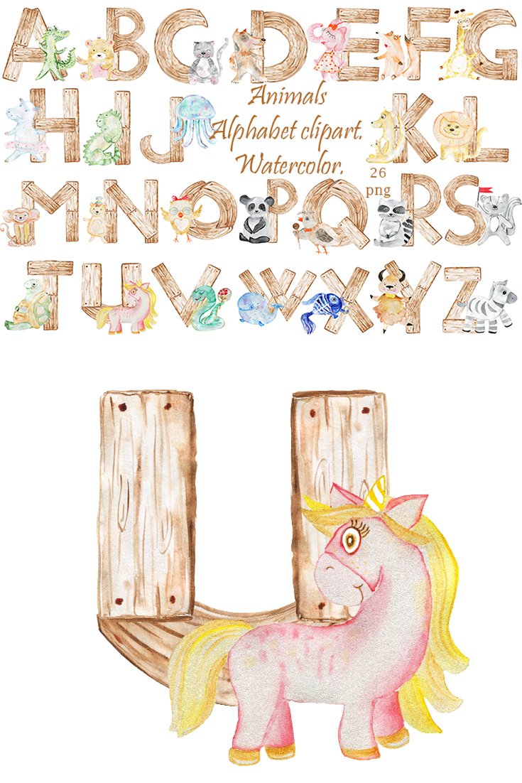 Alphabet. Animals. Watercolor. PNG