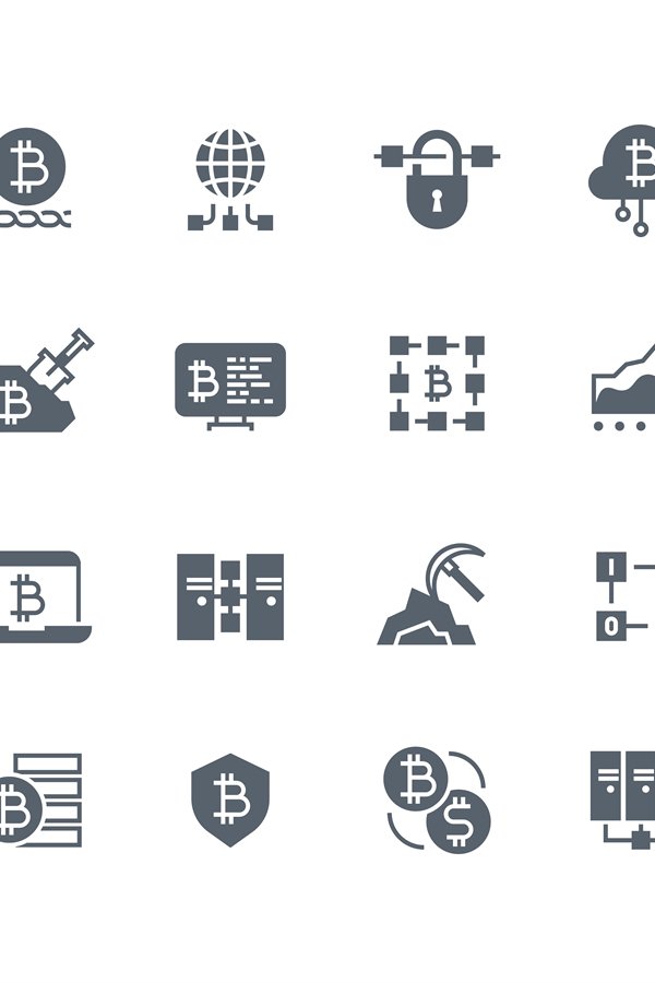 Blockchain and cryptocurrency mining vector icons. Decentral