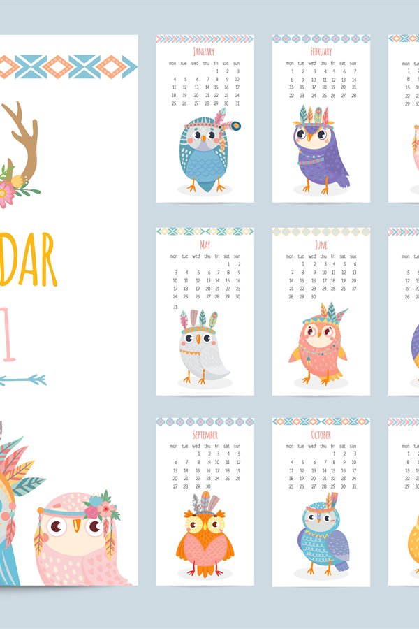 Owl calendar. Color gift 2021 calendar, ethnic owlet with tr