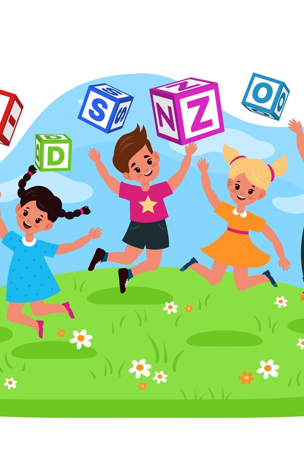 Kids zone. Blocks with letters, little cute boys and girl ja