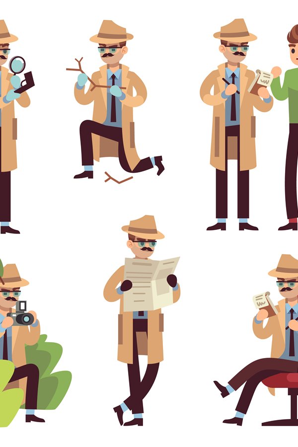 Detective character. Police inspector looking crime photogra