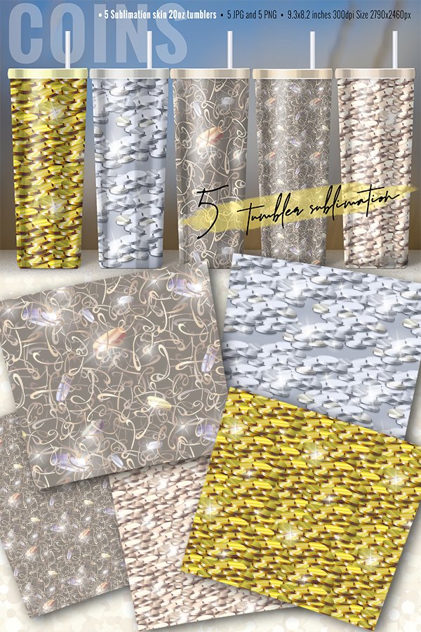 PRECIOUS COINS - a set of 5 Tumbler skins - 20 oz