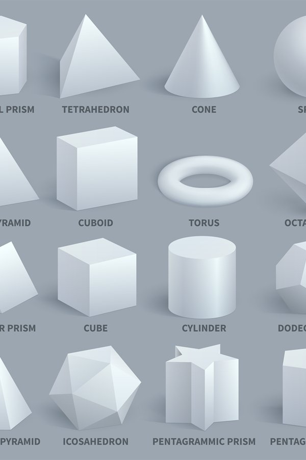Realistic white basic 3d shapes vector set