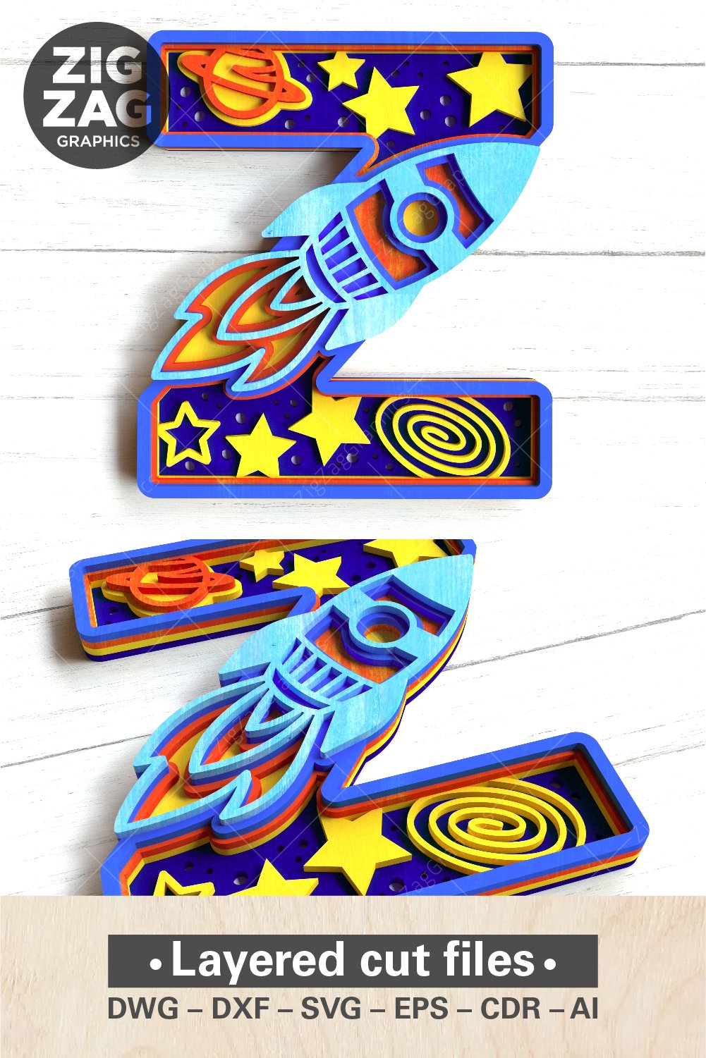 layered kids letter Z with space rocket astronaut and stars
