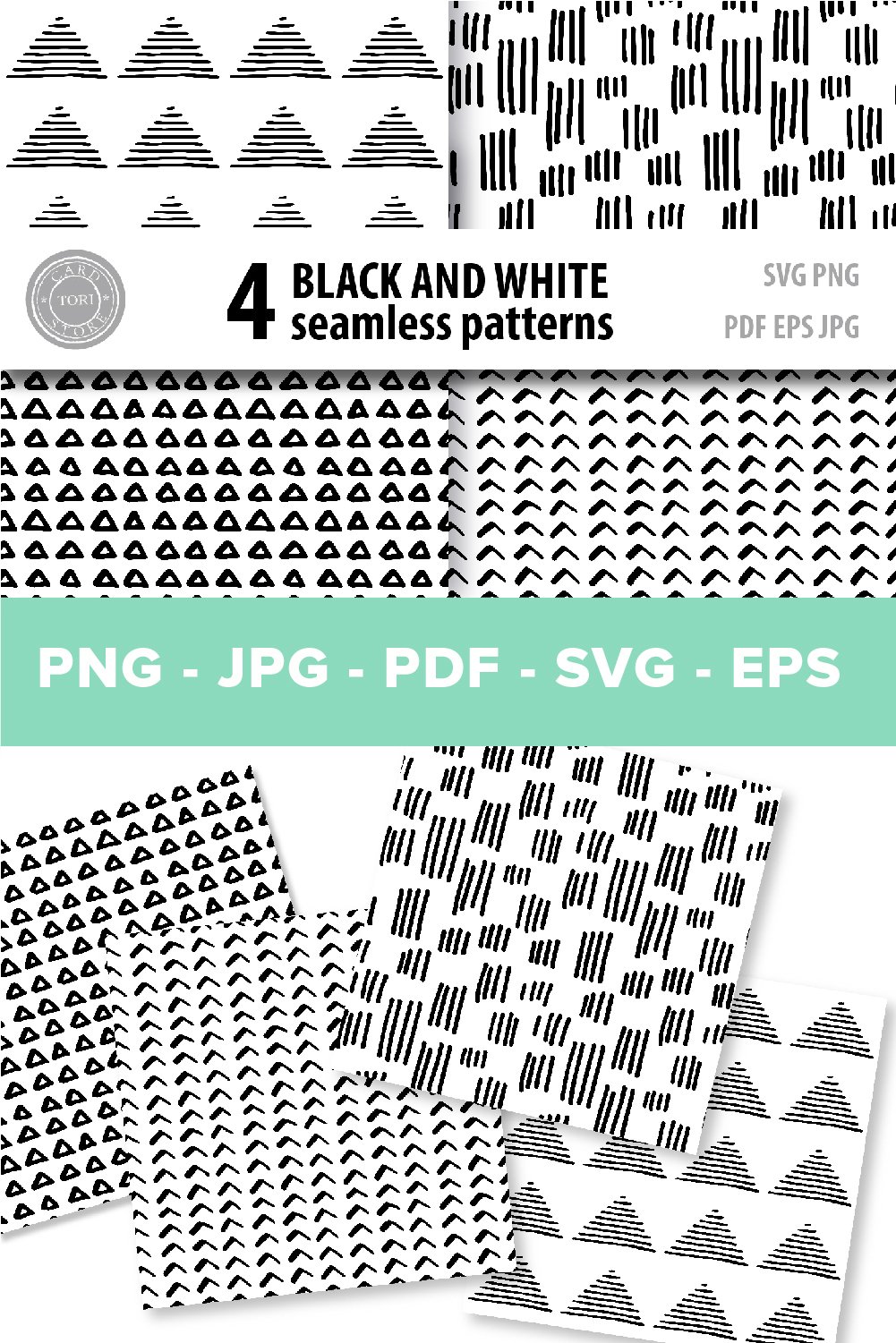 Black and white abstract digital papers 4 seamless patterns