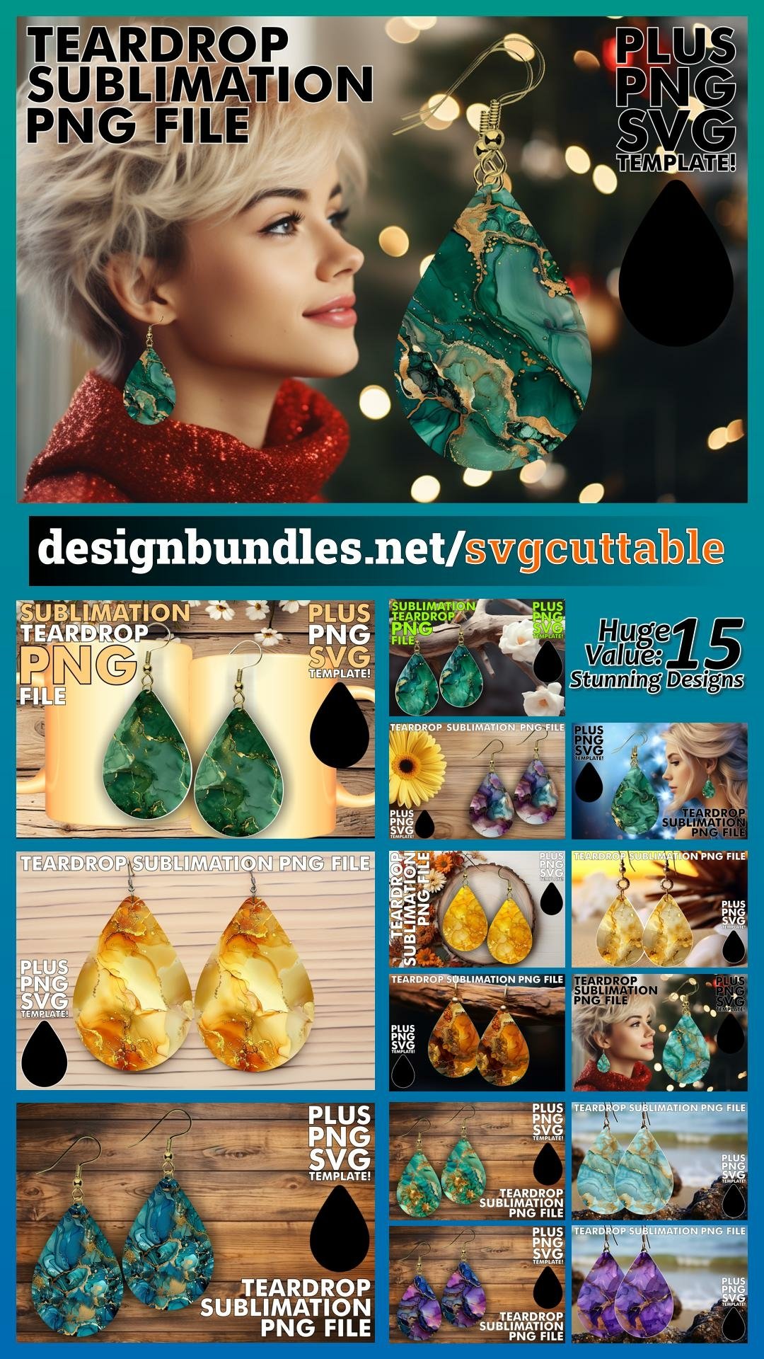 15x Trendy Marble Teardrop Earrings Bundle Sublimation PNG