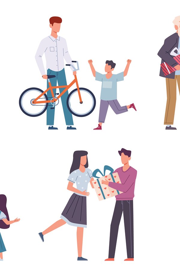 People with gifts. Happy persons give and receive wrapped wi