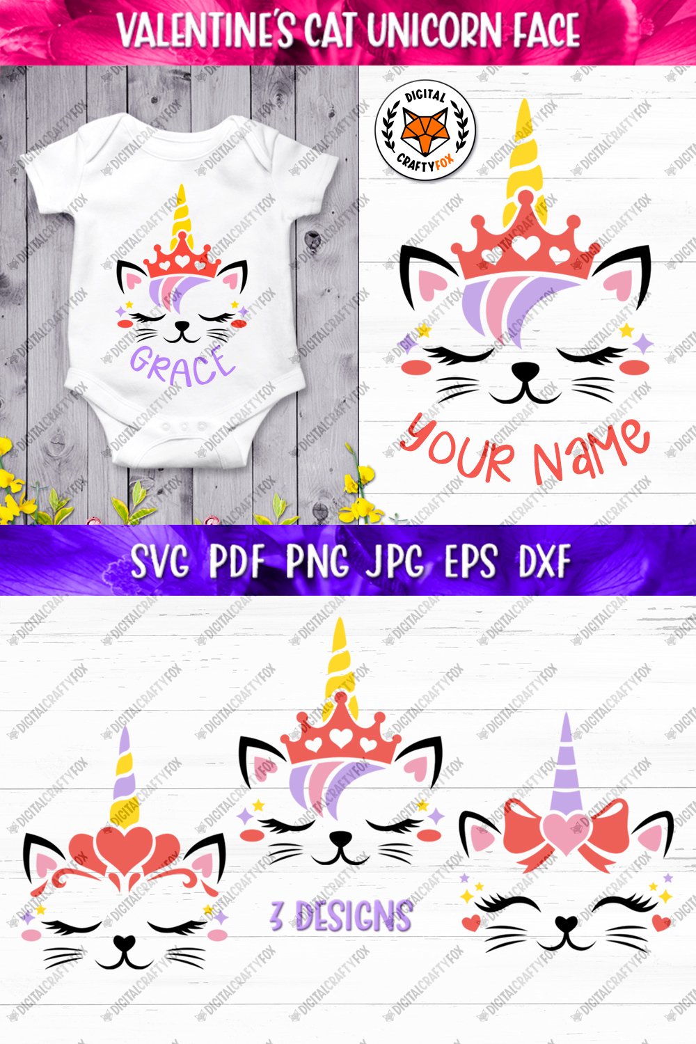 Cat Unicorn Face Cut File, Caticorn Face SVG, Valentine Cat
