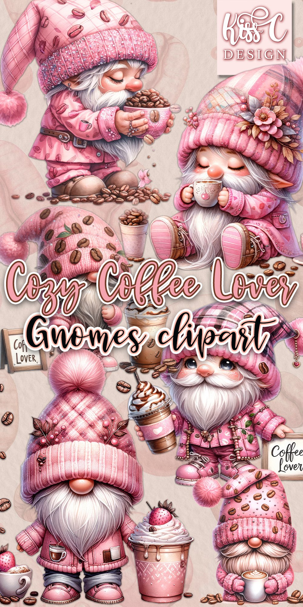 Watercolor Cozy Coffee Lover Gnomes PNG Clipart Collection
