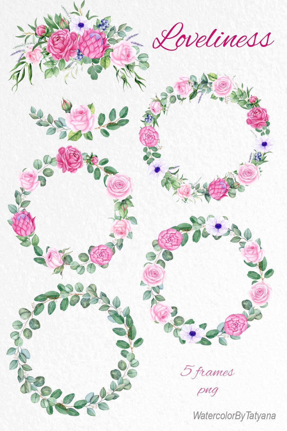 Watercolor set of flowers, Frames, wreaths.Peonies, roses.