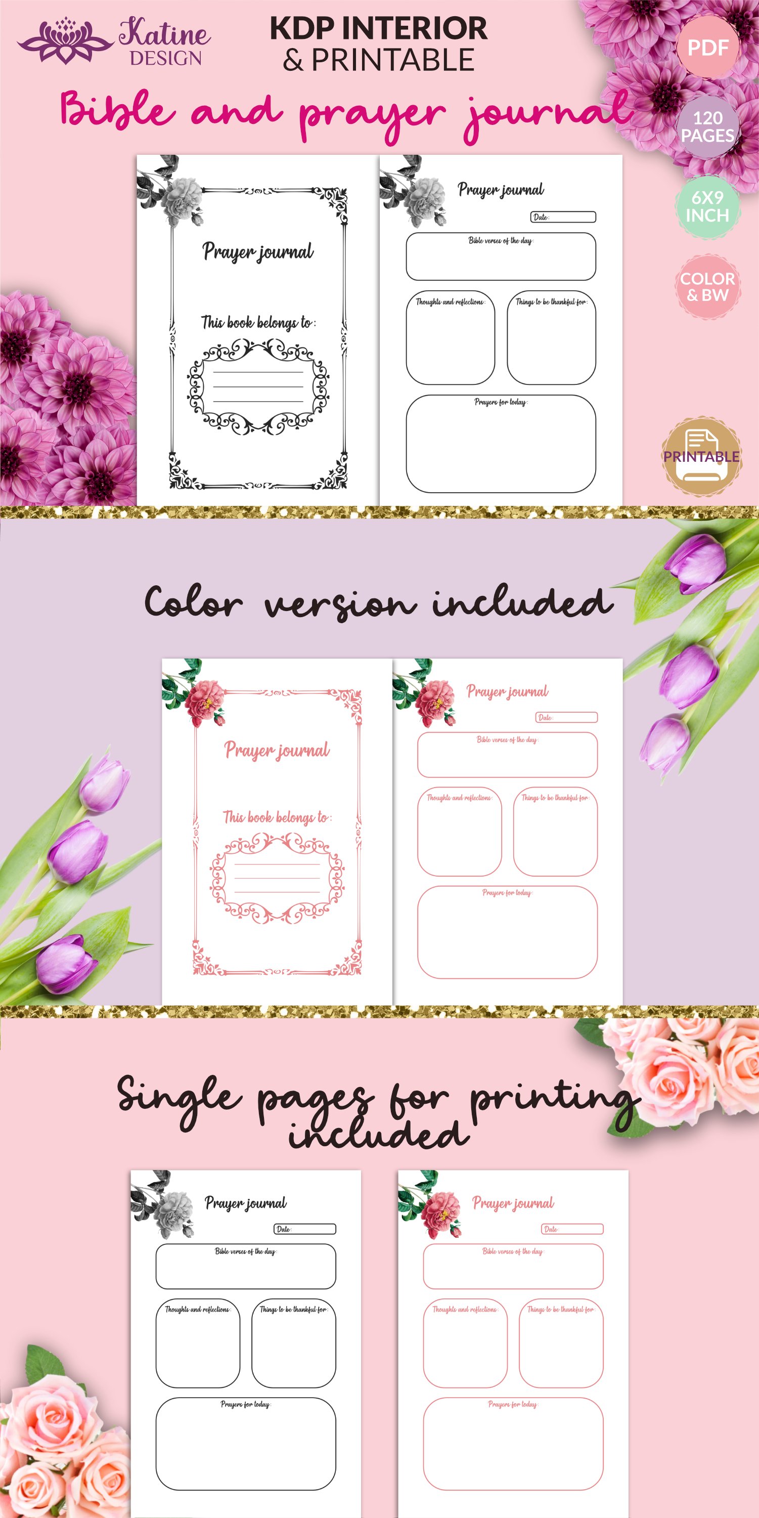 Bible Study Journal and Prayer Printable Pdf KDP Template