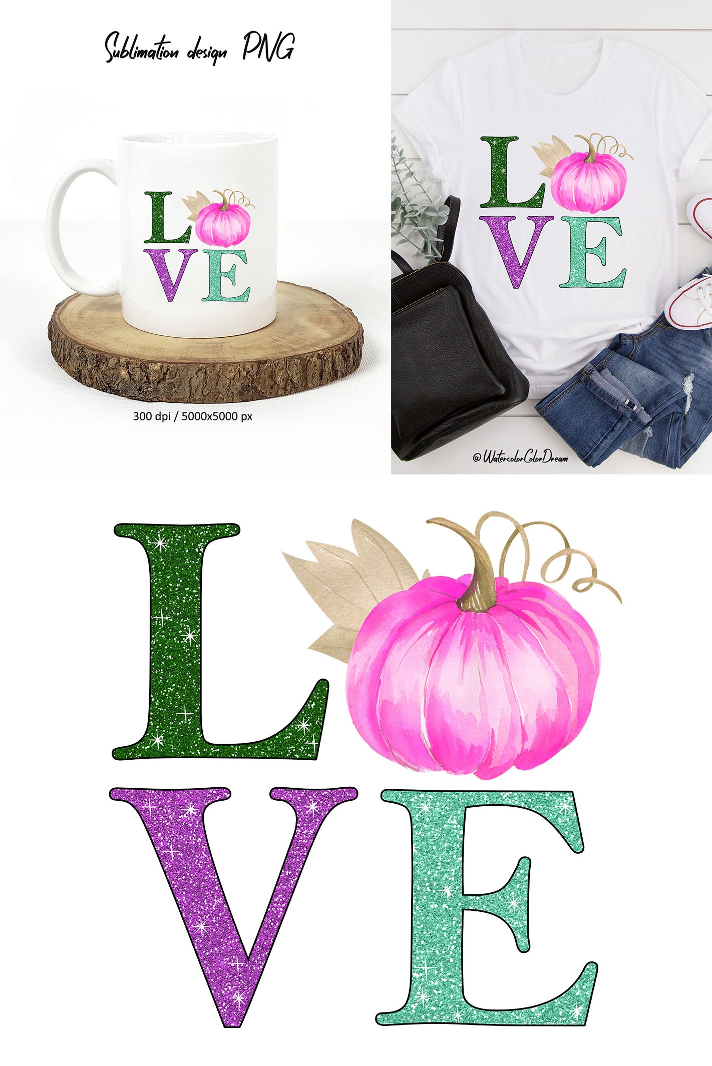 Love Pink Pumpkin. Sublimation Design PNG