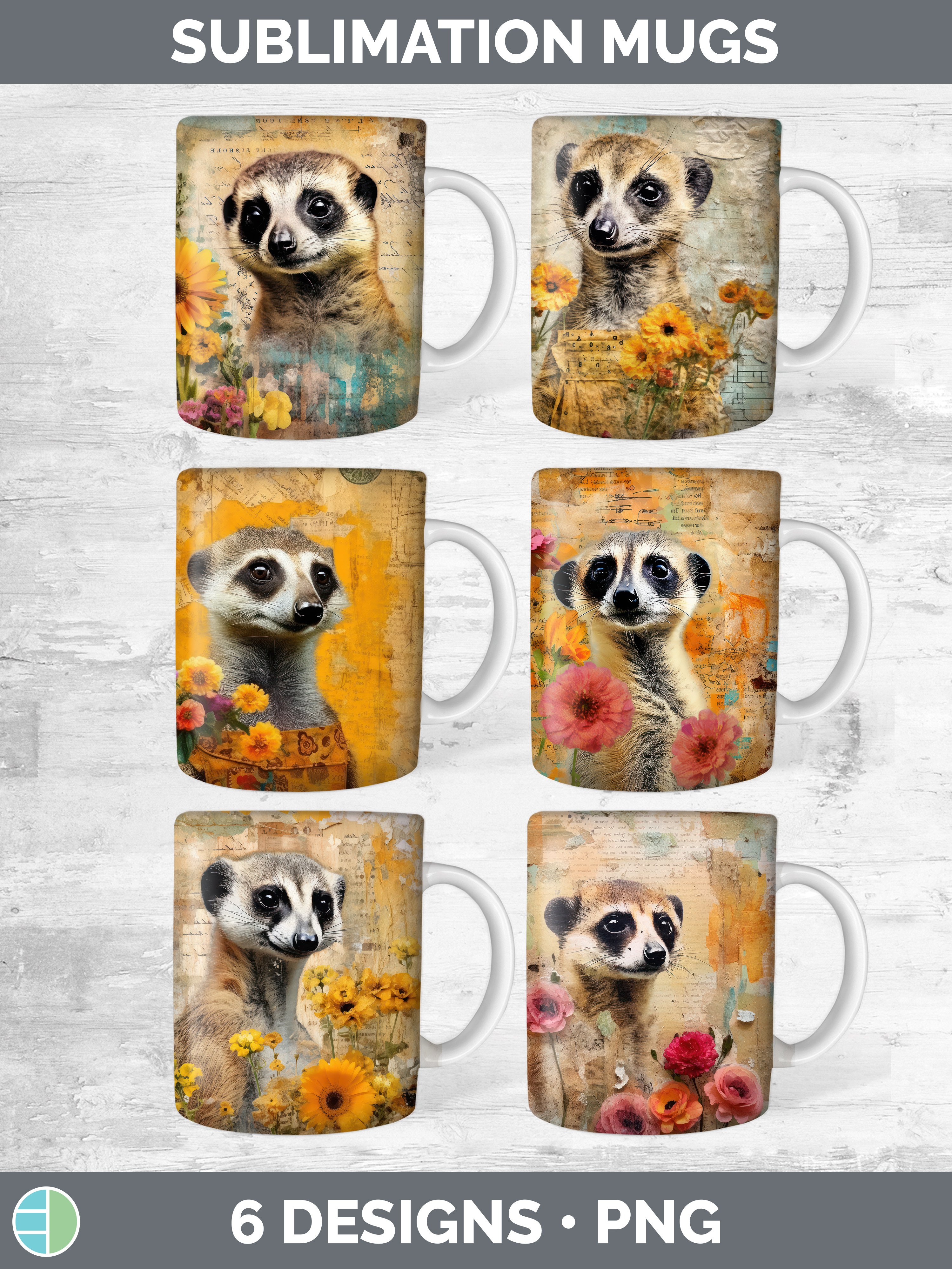 Vintage Meerkat Mug Wrap | Sublimation Coffee Cup Designs Bu