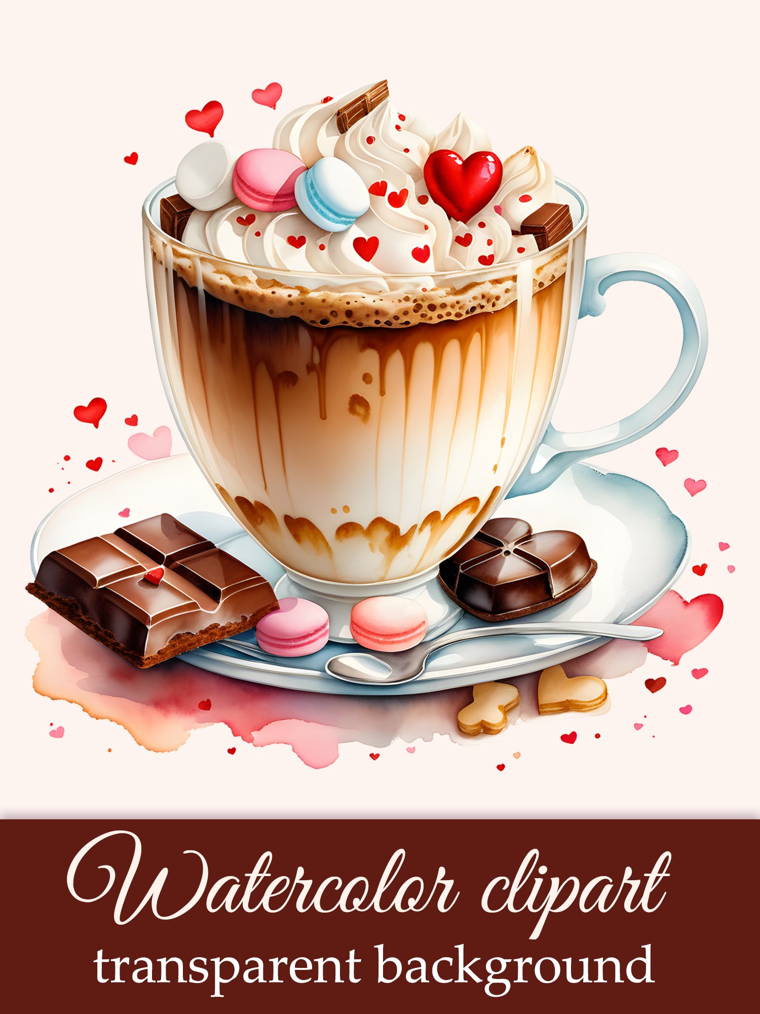 Watercolor coffee cup with hearts and chocolate, clipart Png