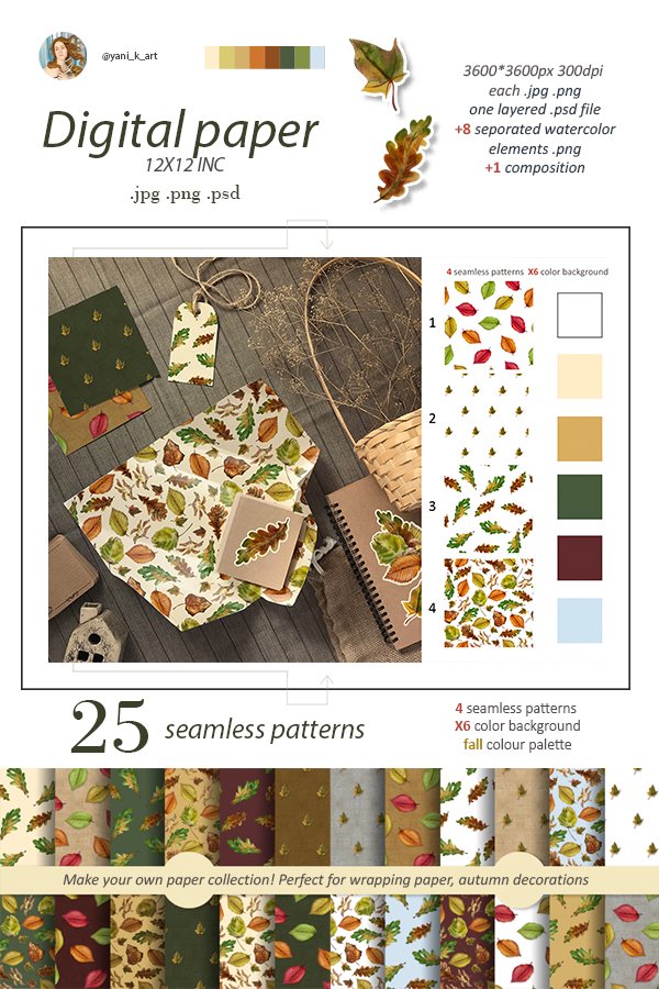 Watercolor Digital paper Fall leaves 12x12 in jpg, png, psd