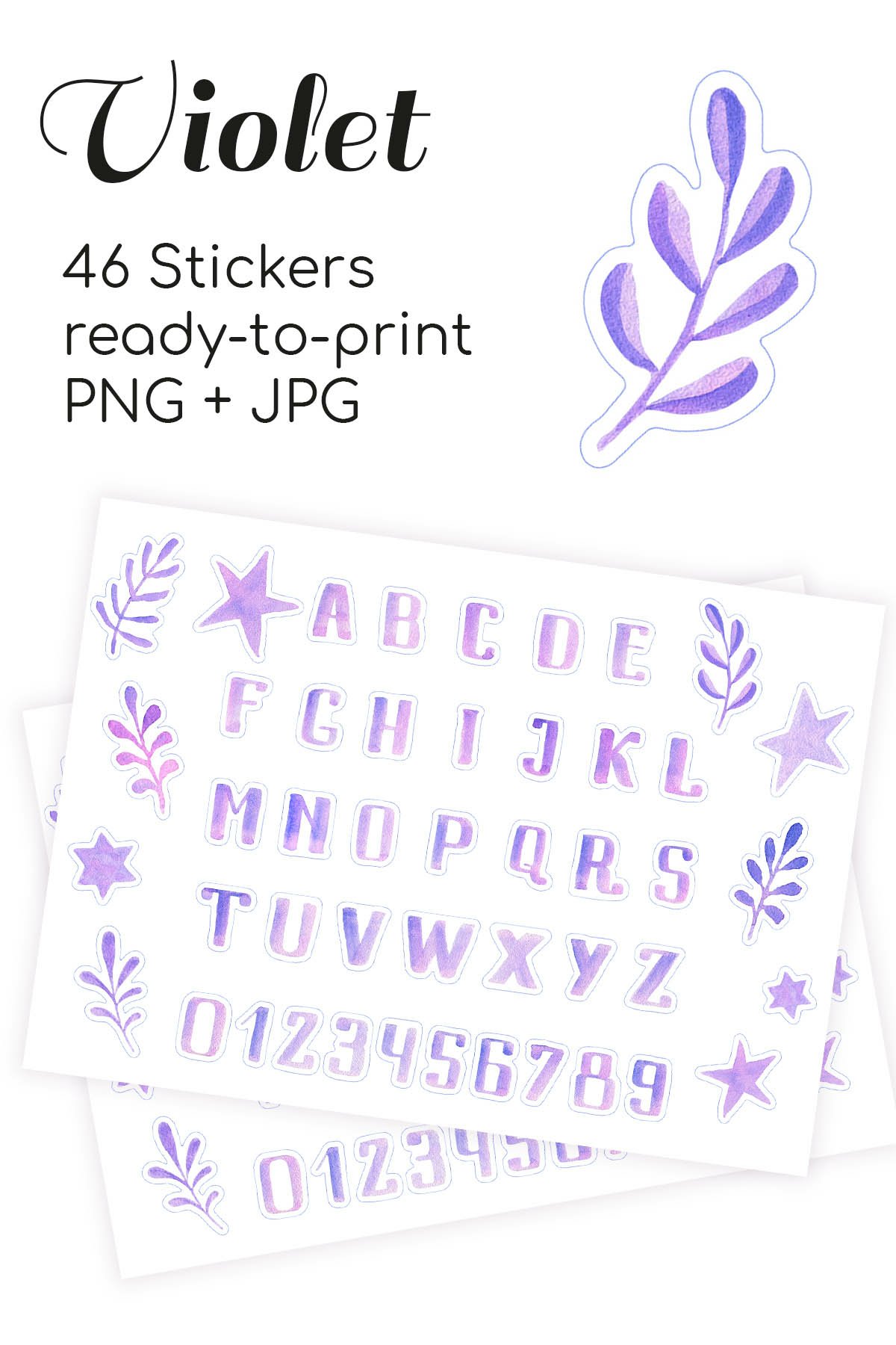 Violet Watercolor Alphabet, Herbs & Stars Scrapbook Stickers
