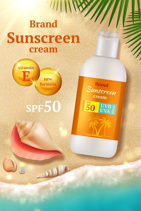 Sunscreen ads poster. Beauty cosmetic sunblock sand water an