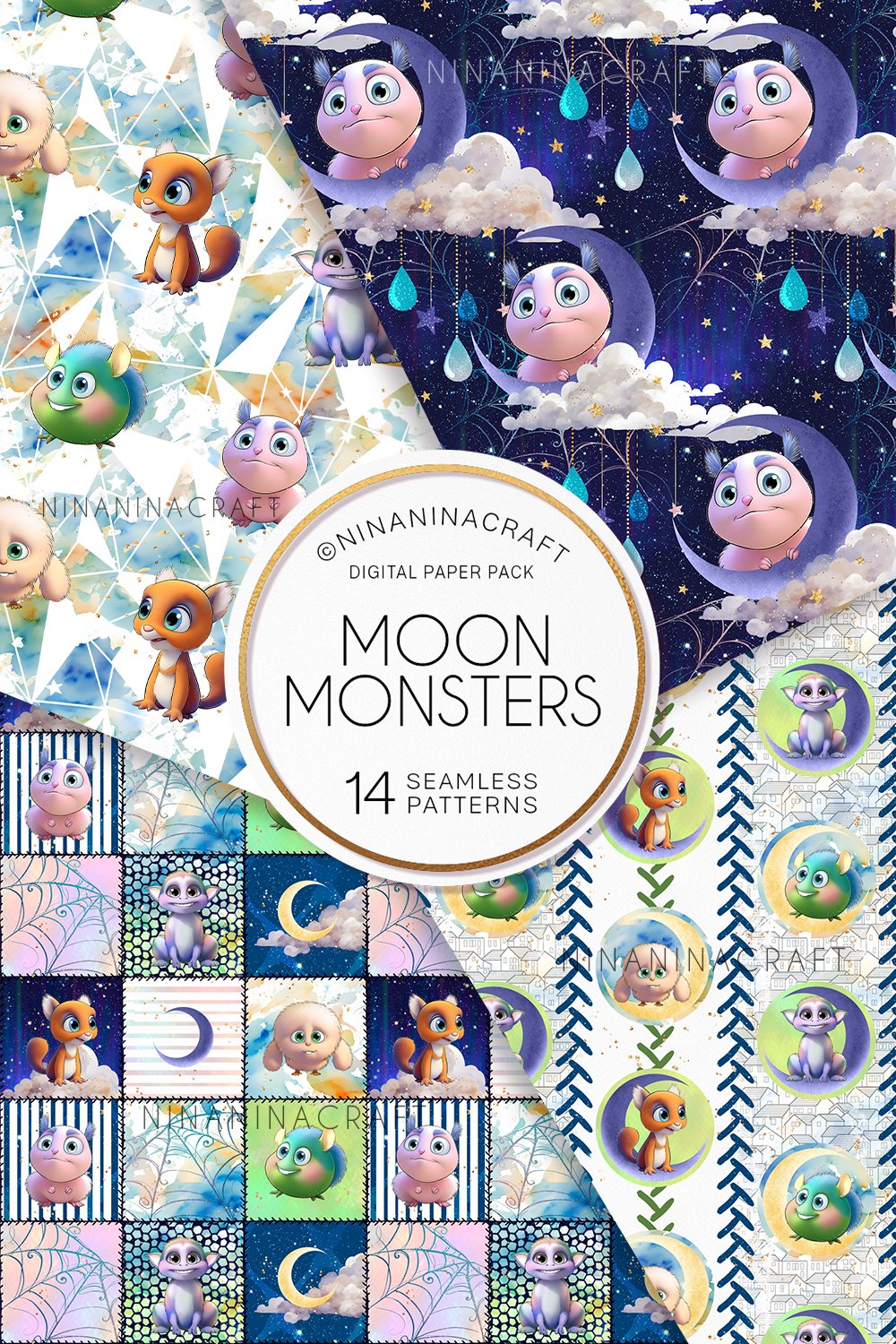 Cute Moon Monsters Patterns, Fabric Designs, Critters