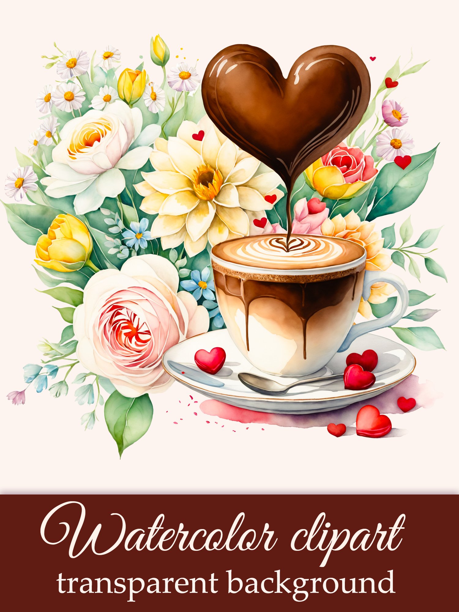 Watercolor coffee cup with hearts and chocolate, clipart Png