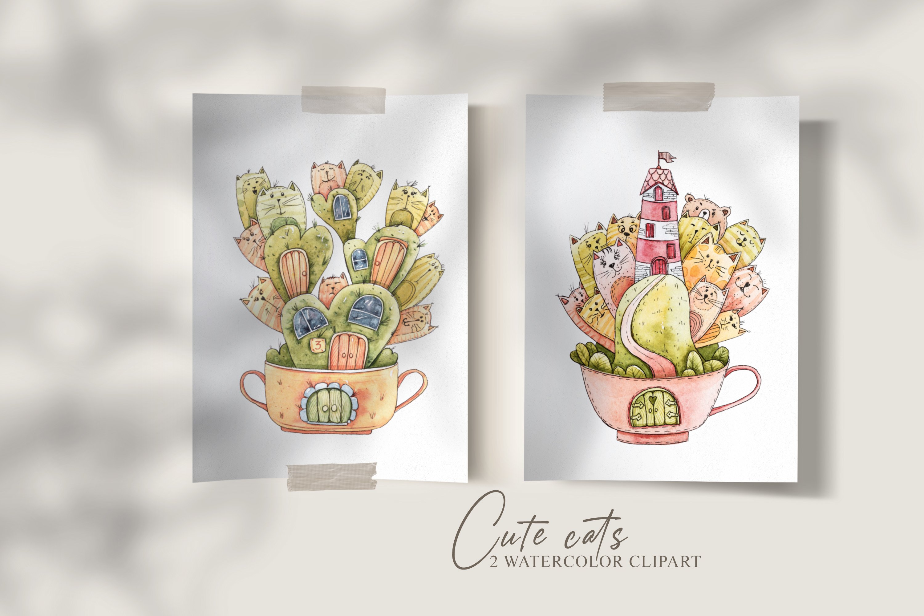 Watercolor fantasy cats clipart. Nursery (852860)