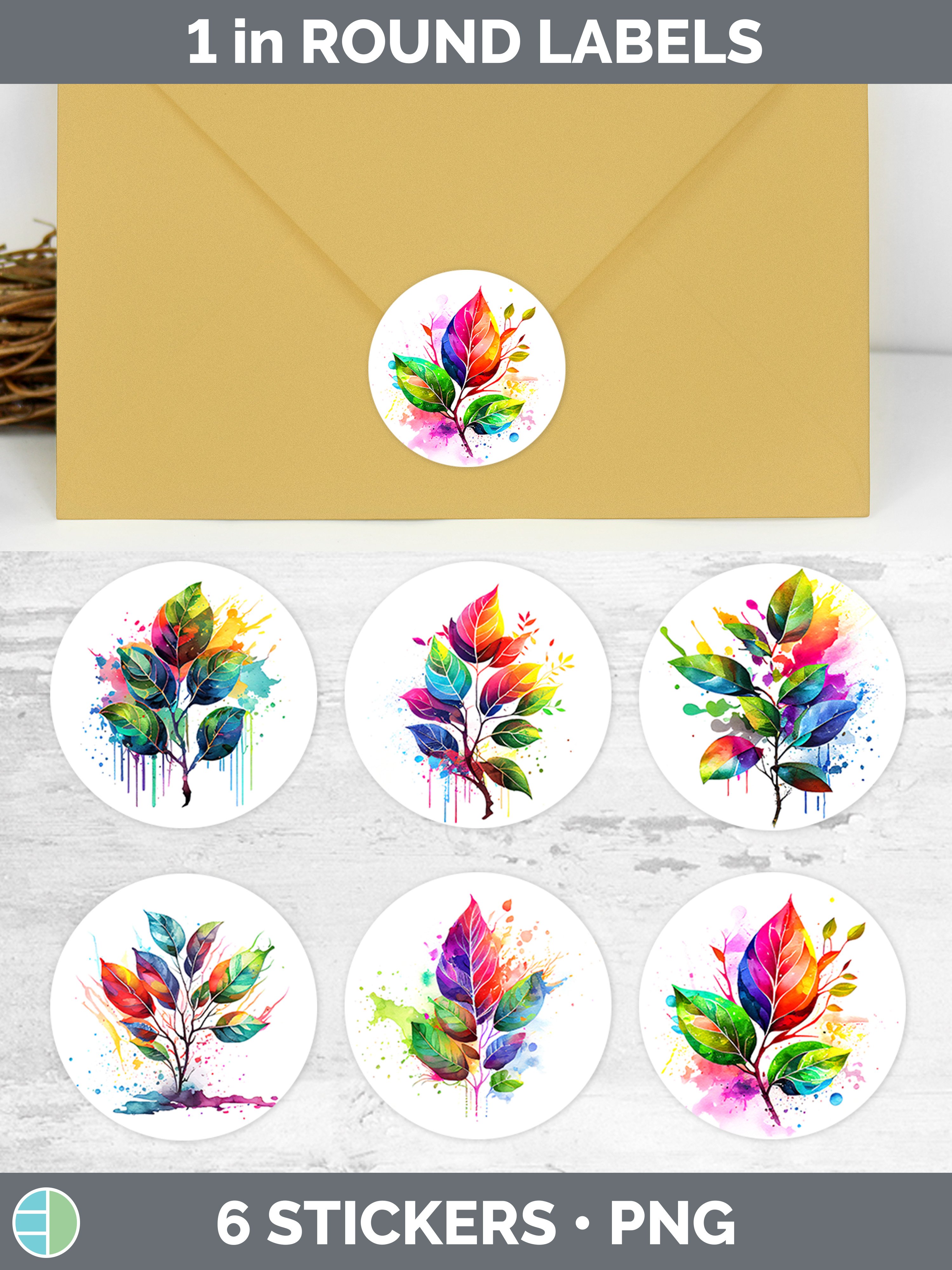 Rainbow Ficus Leaves Stickers | Round Labels Designs Bundle