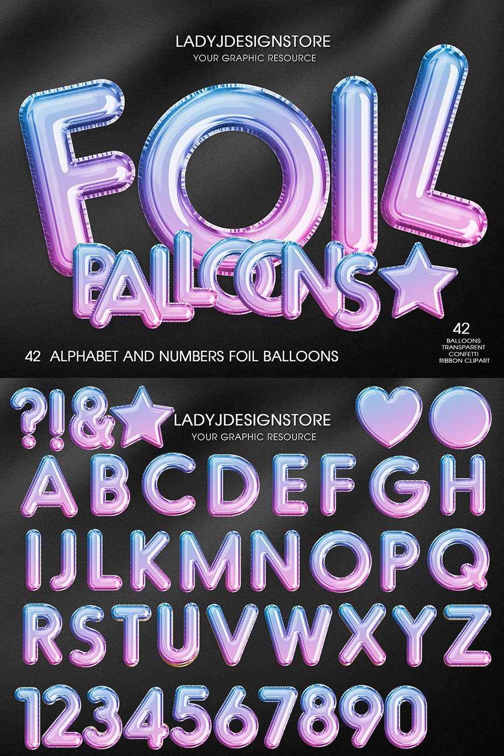 Ombre Blue Pink Foil Balloon Alphabet Clip Art PNG