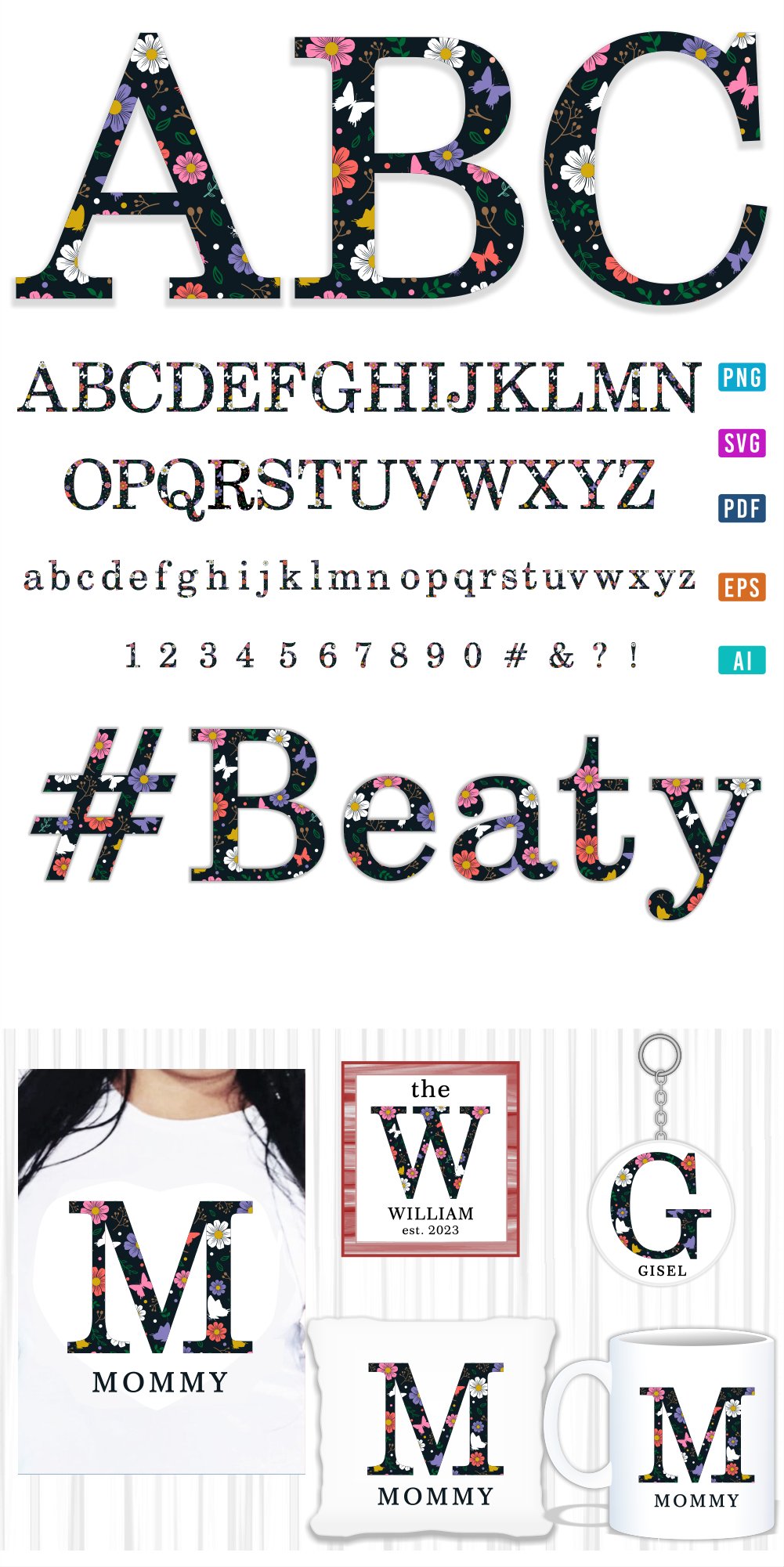 Floral Doodle Alphabet Letters & Numbers Sublimation SVG Set
