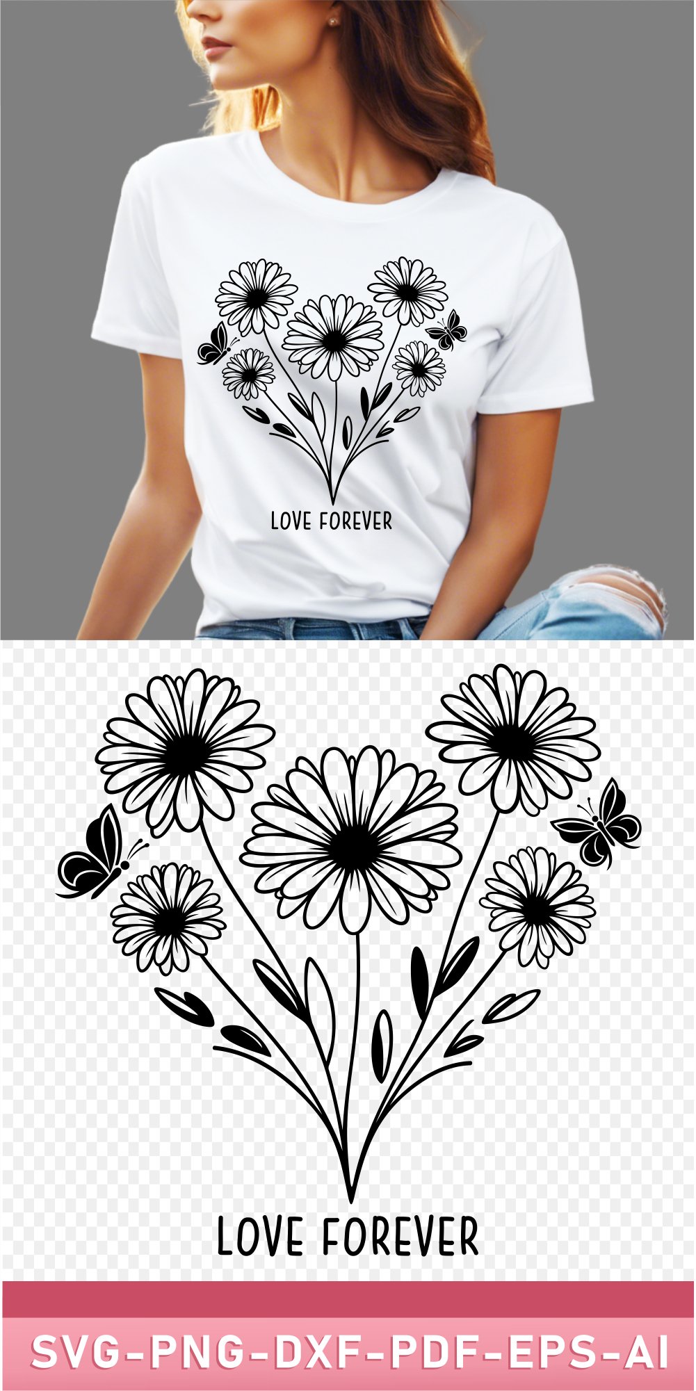 Heart Daisy Flowers Line Art SVG, Valentine SVG, Love SVG