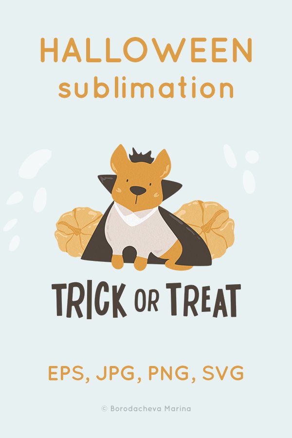 Halloween sublimation. Cute dog in Dracula costume, pumpkins