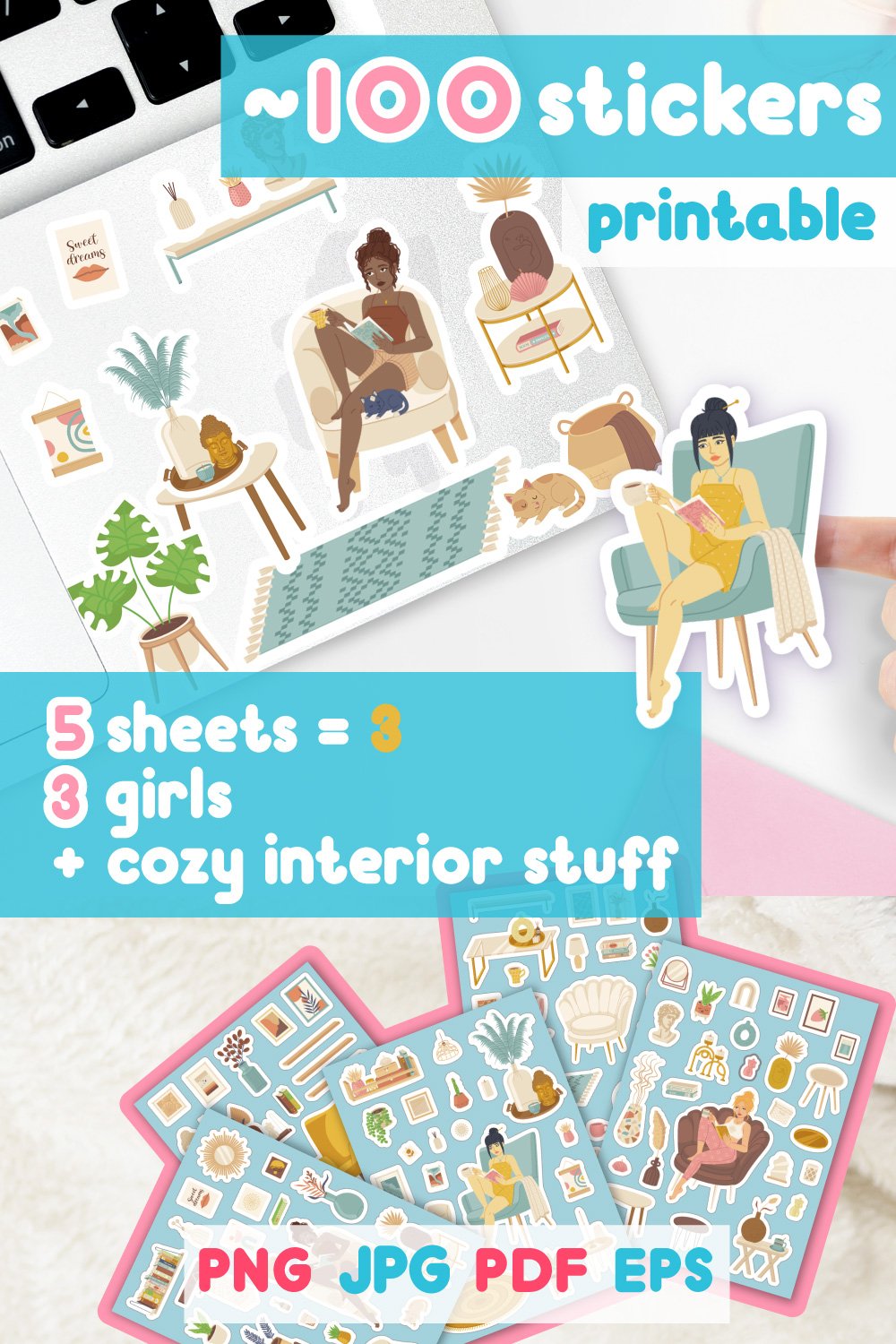 100 Cozy home printable stickers PNG| bundle 5 (2252688)