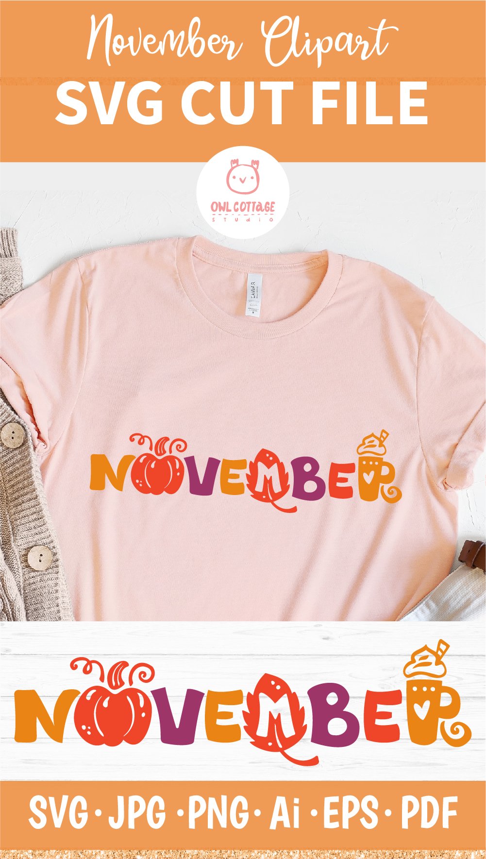 November Clipart svg, November Lettering cut file , pumpkin