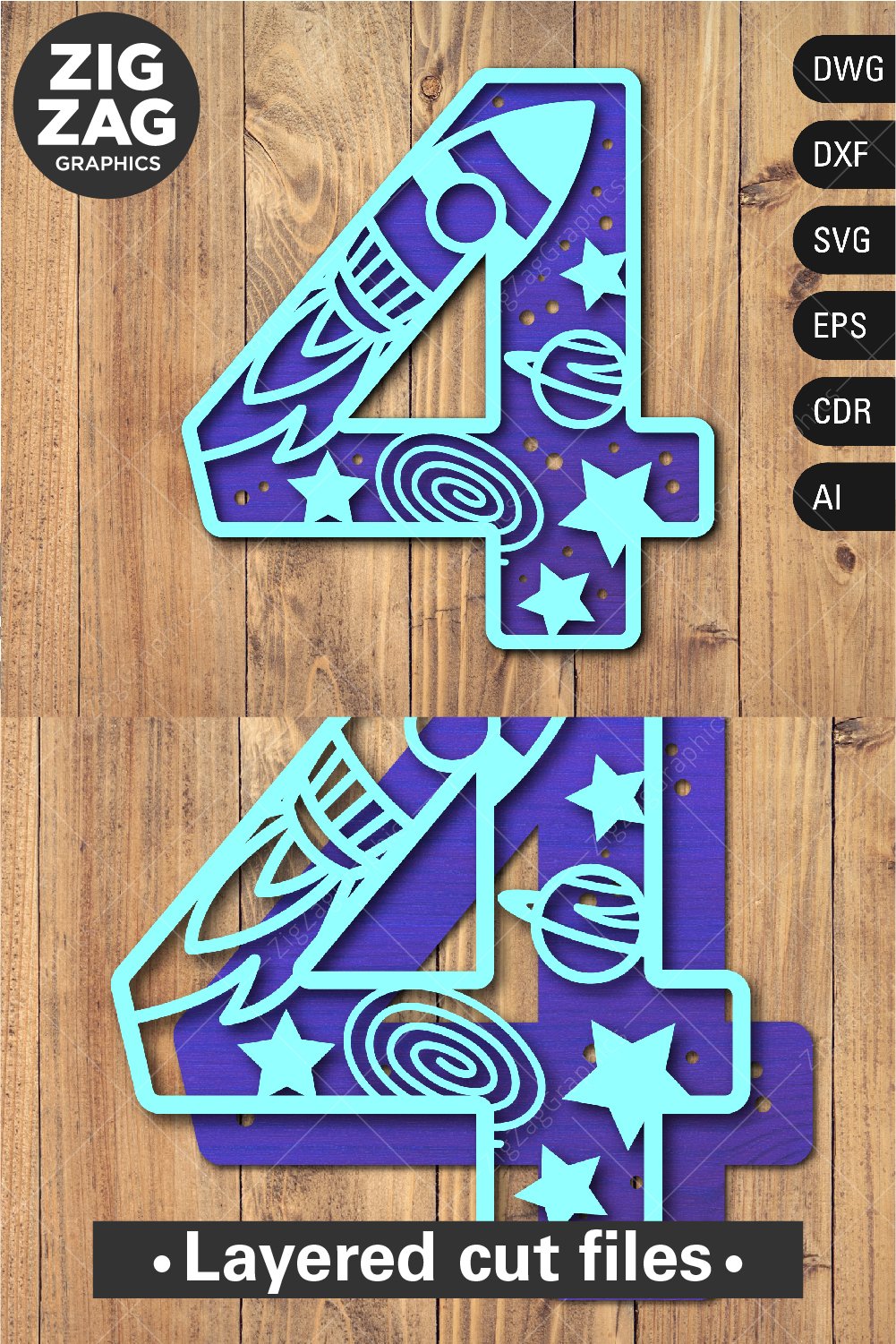 layered kids number 4 with space rocket astronaut and stars