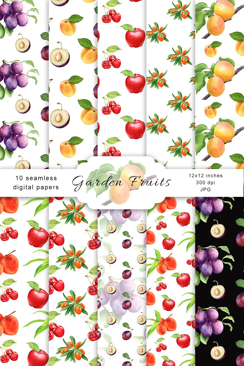 Fruits Digital Paper, Watercolor Fruits Patterns, Seamless