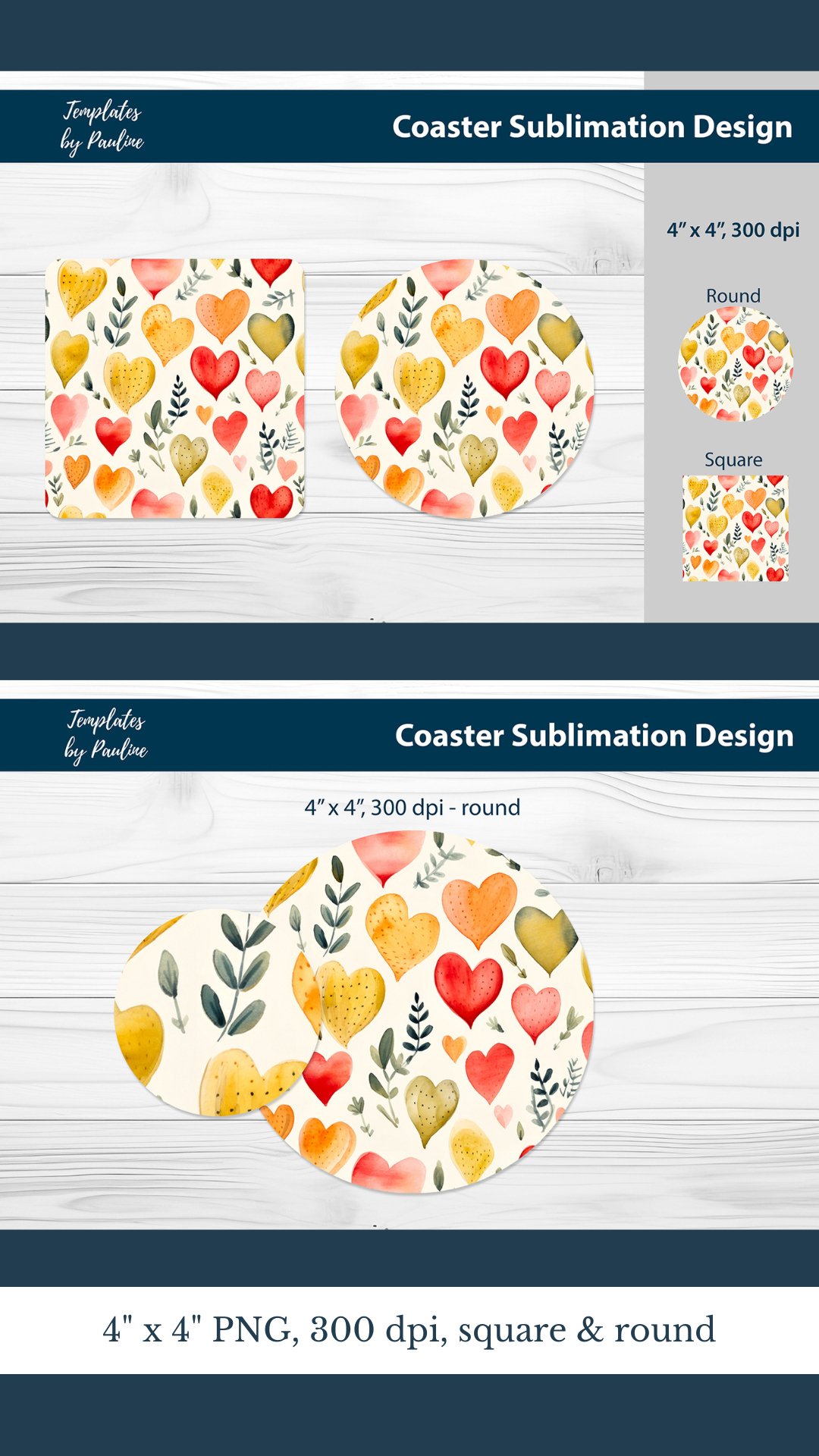 red yellow Heart Square Coaster Sublimation Design