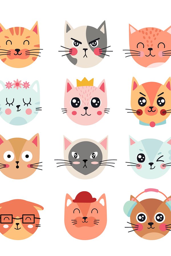 Cute cats faces. Cat heads emoticons, kitten face expression