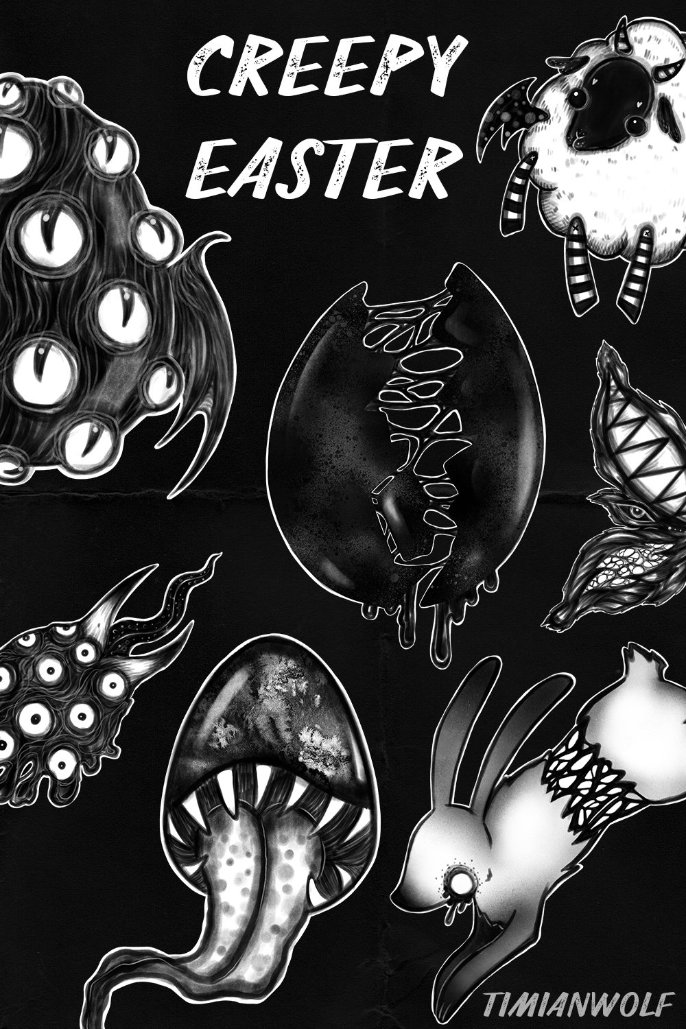 Creepy Easter set of gothic spring clipart