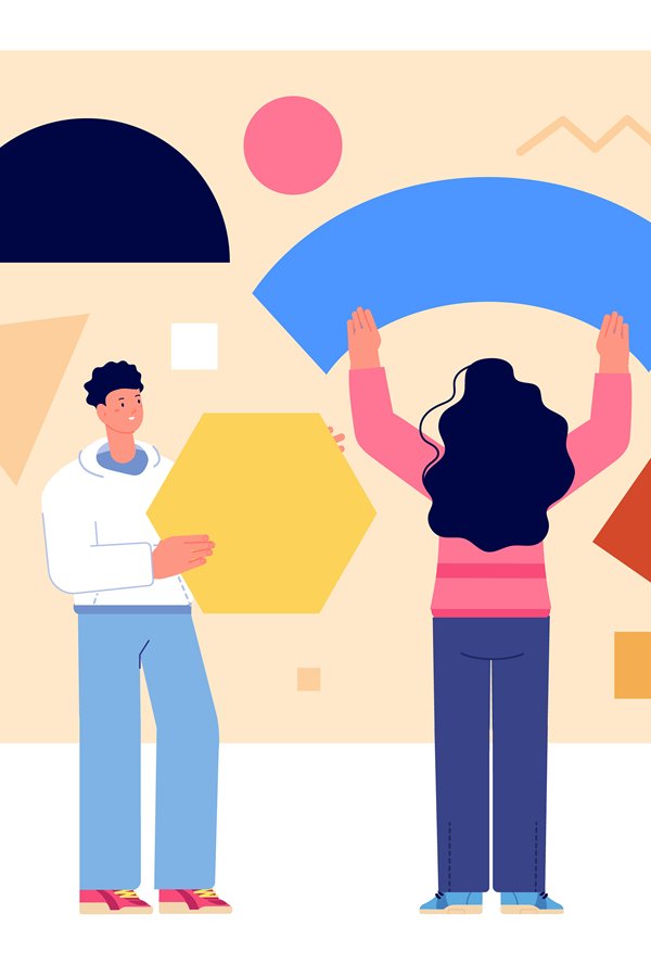 People collect shapes. Ideas together, geometric puzzle carr