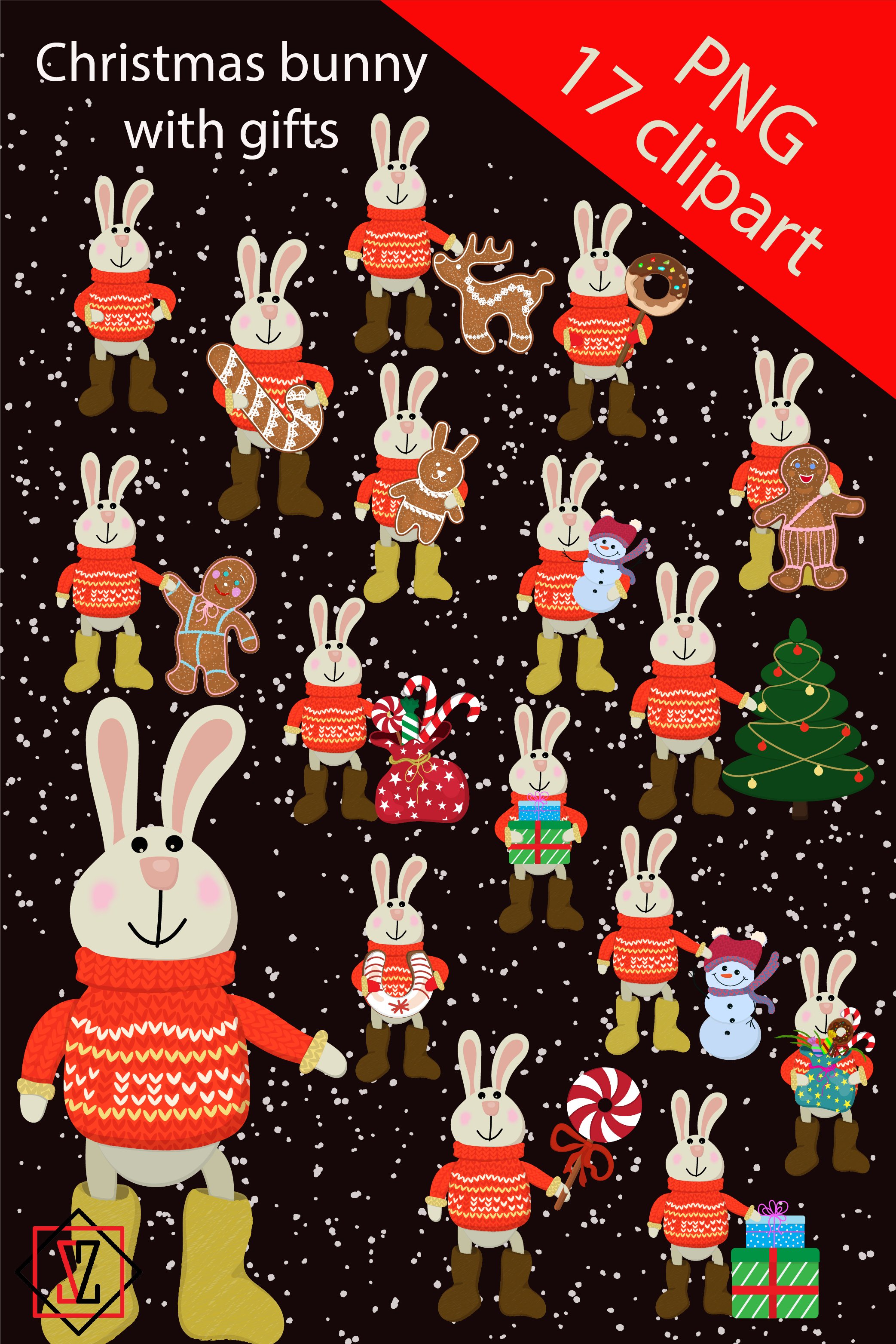 Bundle Clipart Christmas bunny with gifts