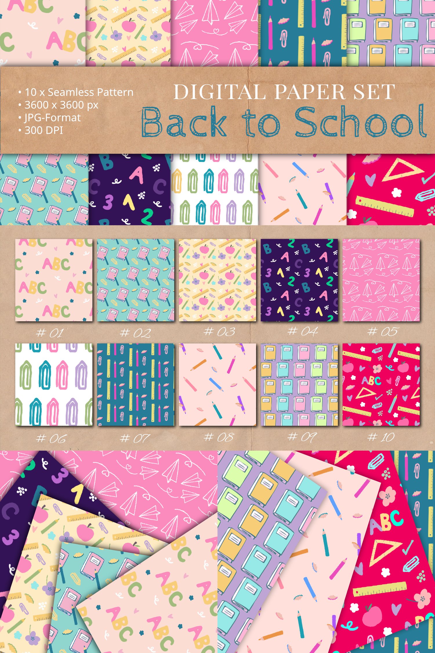 Back to School Pattern Set - 10 Digital Papers