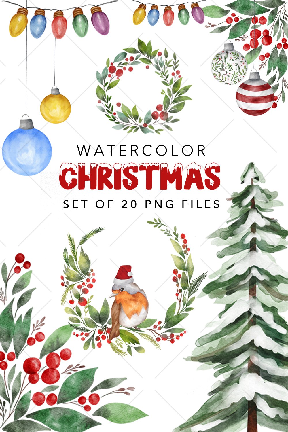 Christmas Watercolor Wreaths Ornaments Tree Bird (2184163)