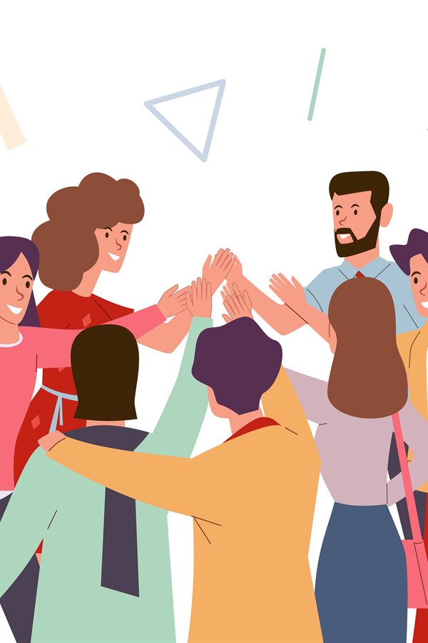 Friends doing high five. Cheerful friends and colleagues giv