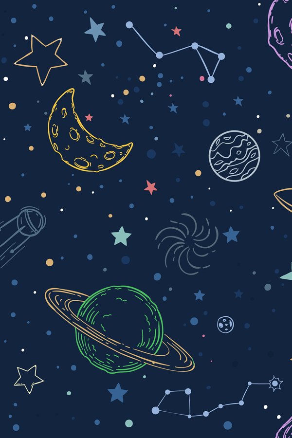Color seamless space pattern. Hand drawn planets, cosmic gal