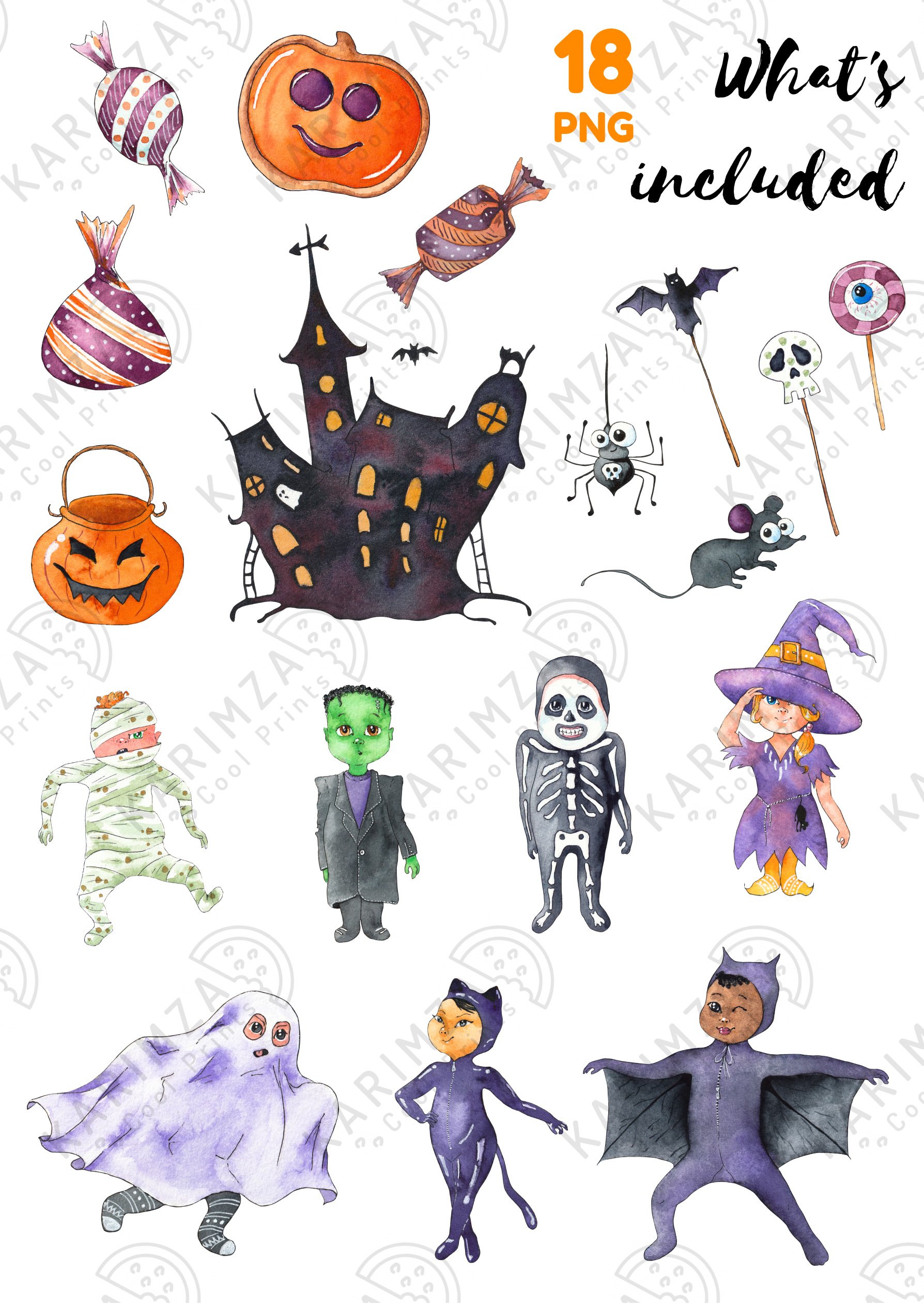 Watercolor HALLOWEEN Clipart, Kawaii Kids Halloween Clip Art