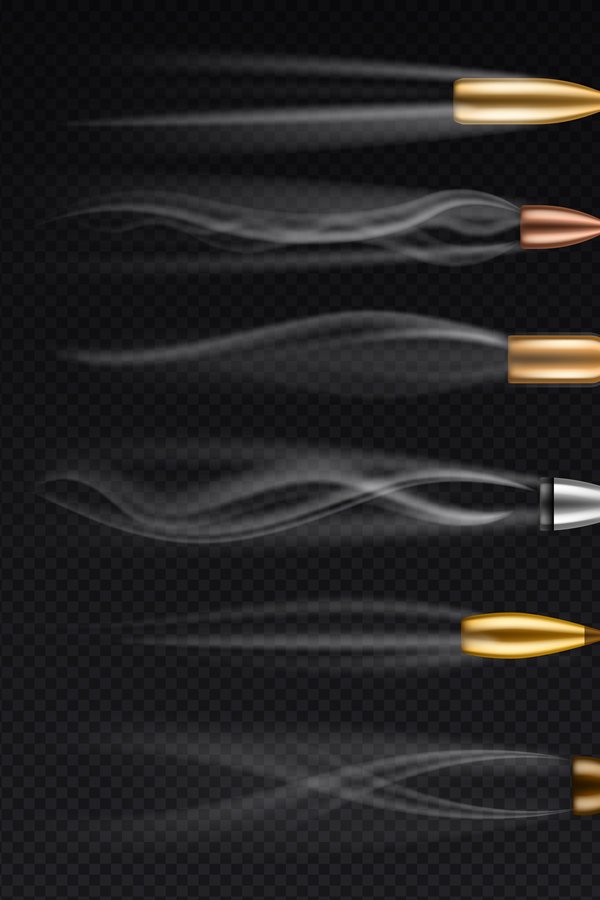 Flying bullets. Realistic different fired bullet in motion w