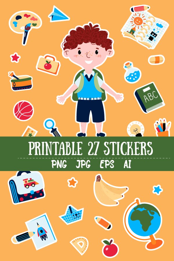 Printable Stickers. Boy. Stationary. School. PNG, JPG, EPS