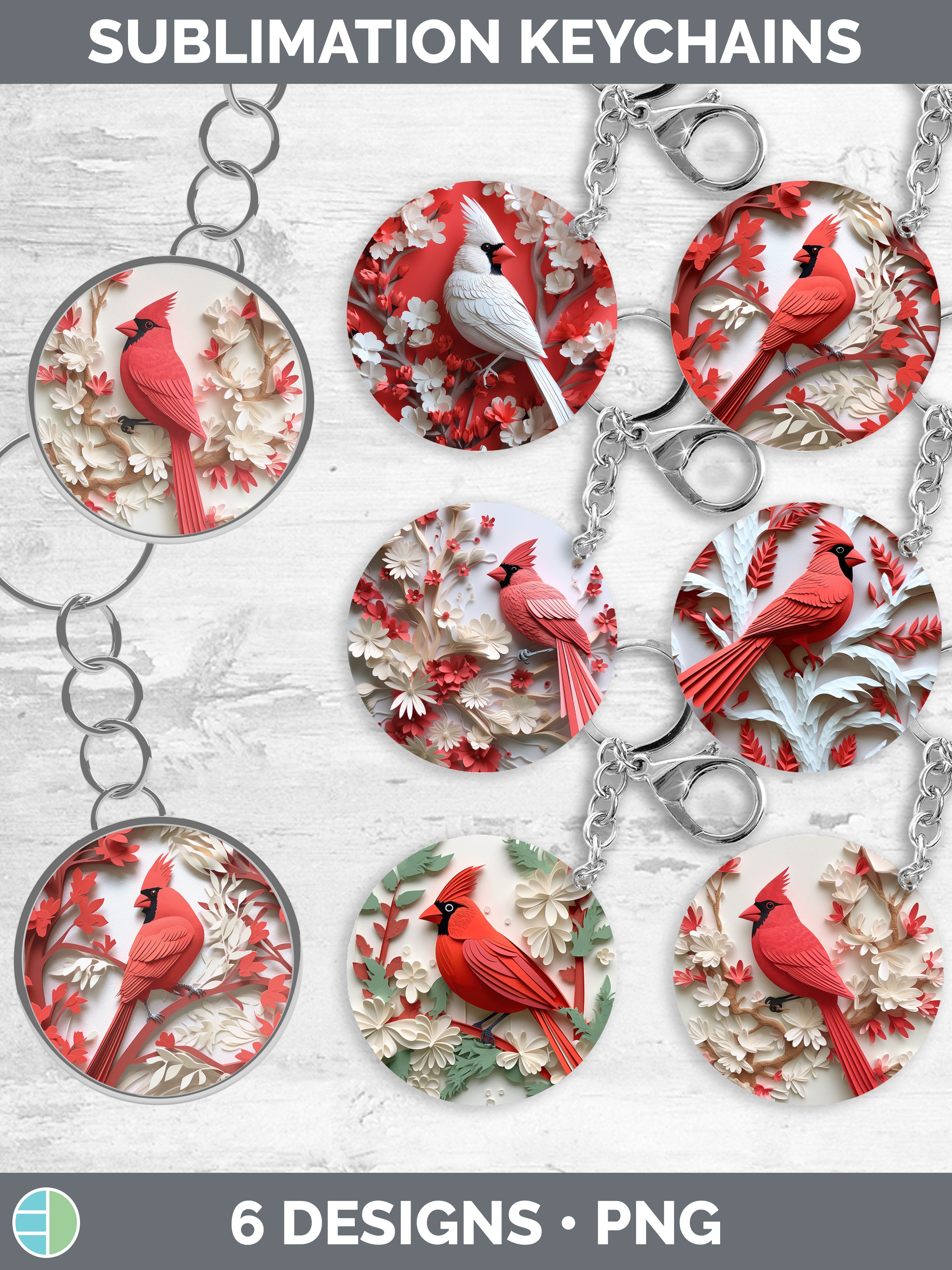 3D Paper Cardinal Bird Keychain | Sublimation Keyring Design