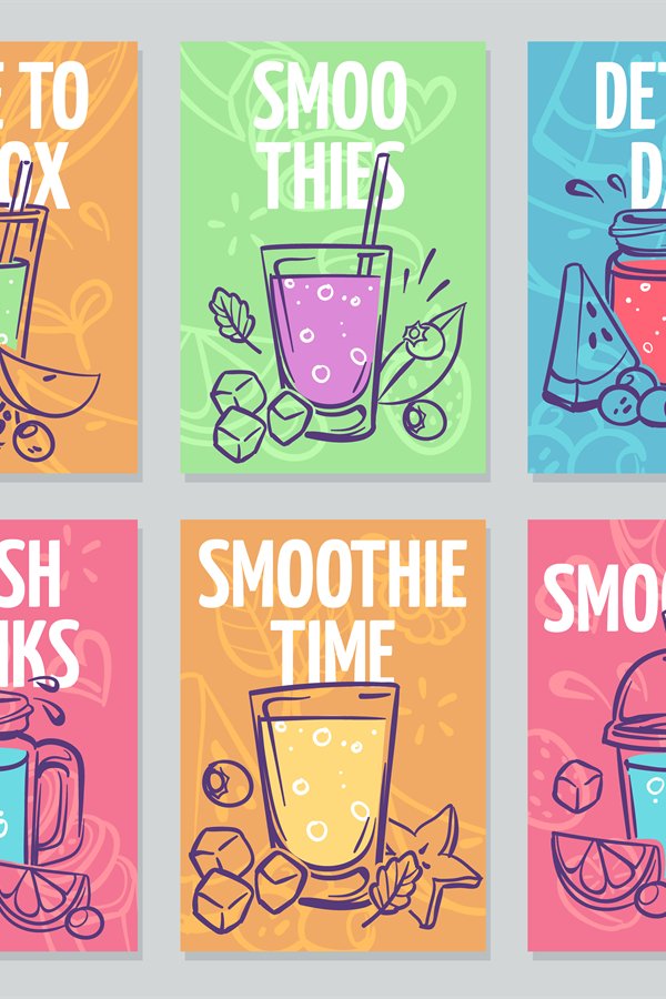 Smoothie flyers. Colorful smoothies poster, fresh cocktails,