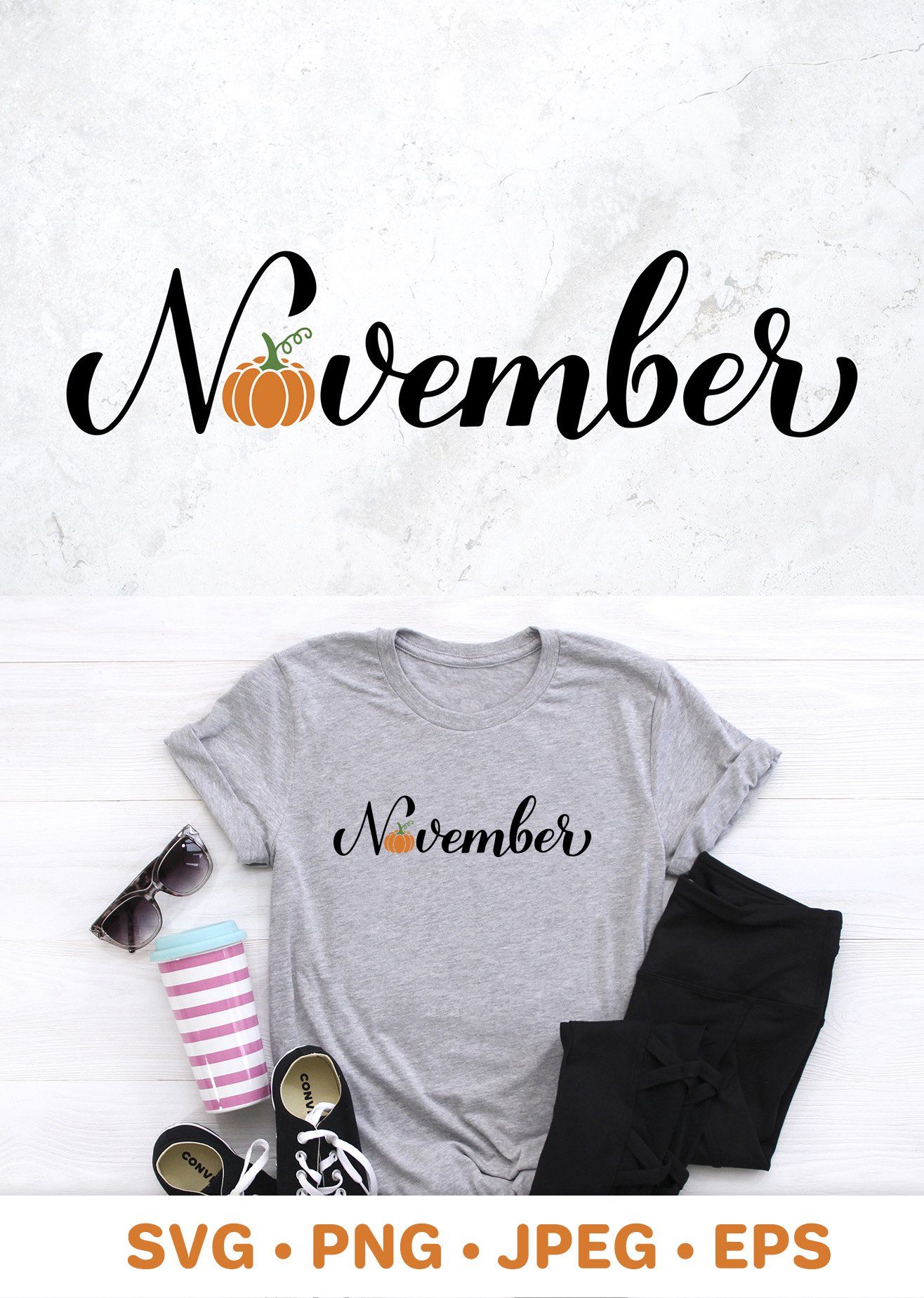 November SVG. Fall calligraphy lettering with pumpkin
